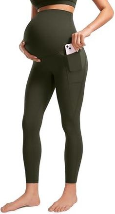 CRZ YOGA Butterluxe Leggings de Maternité avec Poches Entraînement Doux Yoga Grossesse Pantalonover - 64cm Olive Verte 40