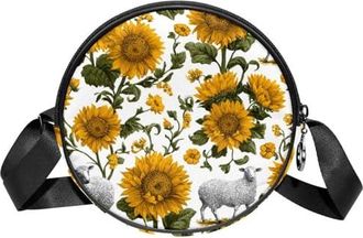 Generic Petit sac &agrave; bandouli&egrave;re rond pour femme, motif tournesols et agneau, avec fermeture &eacute;clair, bretelles r&eacute;glables, style d&eacute;contract&eacute;