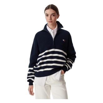 Tommy Jeans Dw0Dw22928 Pullover mit Viertelrei&szlig;verschluss - - Knitwear - Damen - Blau - 2XS