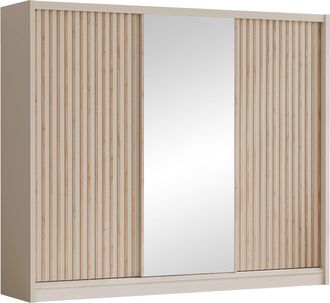 Mirjan24 Kleiderschrank Lylkun Lux 250 mit Spiegel, Schiebet&uuml;renschrank mit Einlegeb&ouml;den, 2 Schubladen und Kleiderstange, Garderobenschrank (Cashmere + Wotan E
