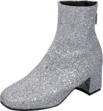 Generic Bottines Paillettes Femme Talon Bloc Bout Carr&eacute; Bottes Courtes Semelle Antid&eacute;rapante Chaussures Brillantes Femme Tendances Bottines L&eacute;g&egrave;res D&eacute;contract