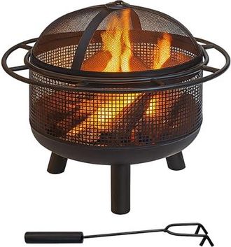 Relaxdays Feuerschale mit Funkenschutz, HD: 52x60 cm, Schürhaken, Garten & Terrasse, Outdoor Feuerstelle, Eisen, schwarz