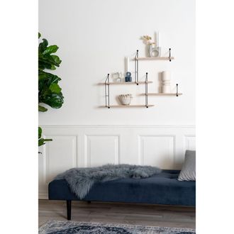 House Nordic home24 Wandregal Hanno Ablagen: Massivholz Paulownia, lackiert Halterungen: Stahl, pulverbeschichtet Schwarz/Glas Schwarz/Hochglanz Schwarz 18 x 62 x