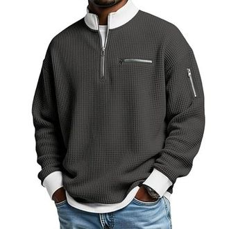 Generic Pull en polaire gaufr&eacute; &agrave; manches longues et demi-fermeture &eacute;clair pour homme, gris fonc&eacute;, 3XL