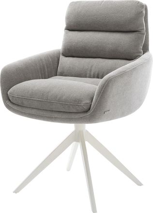 DELIFE Esszimmerstuhl Abelia-Flex mit Armlehnen Kreuzgestell breit Weiß Strukturstoff Soft Grau 360° drehbar Wippfunktion