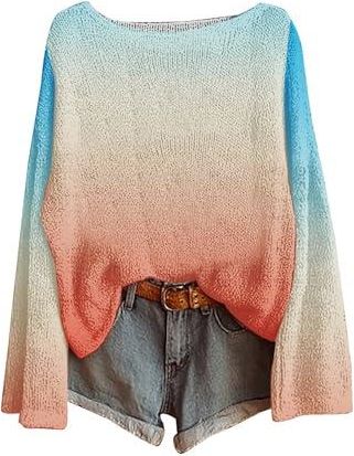 Generic Pull Femme Dégradé de Couleur Pull Femme Manches Longues Coloré Hauts Amples Tops Élégant Loisirs T-shirt à Manches Longues Col Rond Casual Pull Tenda