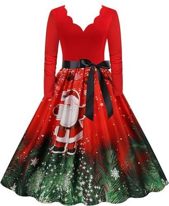 Generic Robe de No&euml;l pour femme Taille 46 P&egrave;re No&euml;l Arbre de No&euml;l Bonhomme de neige Imprim&eacute; Robe &agrave; col rond Robe courte pour femme Manches longues Robe fantai