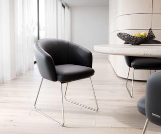 DELIFE Esszimmerstuhl Caja-Flex mit Armlehnen Echt-Leder Schwarz Kufengestell Edelstahl Taschenfederkern, Esszimmerstühle