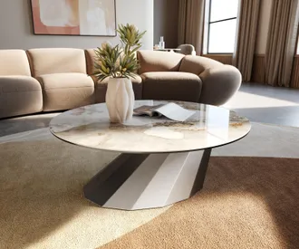 DELIFE Couchtisch Edge Rund 90x90 cm Keramik Minas Melange Parabi Edelstahl geb&uuml;rstet, Couchtische