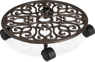 Relaxdays Pflanzenroller, runder Blumenroller, aus Gusseisen, HxD: 7,5 x 33,5 cm, für Blumentöpfe, innen & außen, braun