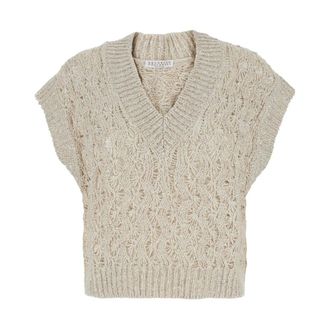 Brunello Cucinelli Femme, Pulls, Beige, Taille: 36 FR Gilet col en V en soie et lin