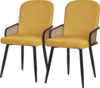 ML Design Ml-design Set Di 2 Sedie Da Pranzo Senape Con Rivestimento In Tessuto, Gambe In Metallo, Con Braccioli Effetto Rattan, Sedia Imbottita Da Cucina, Polt