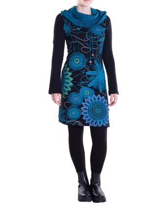 vishes Alternative Bekleidung - Damen Mandala-Kleid Schal-Kragen Langarm-Shirtkleid Baumwollkleid schwarz 48