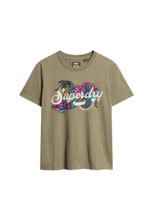 Superdry Damen L&auml;ssiges T-Shirt mit Tattoo-Schriftzug Blassolivgr&uuml;n 36