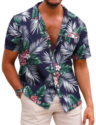 Coofandy Hawaii-Hemden für Herren, Baumwolle, Leinen, Knopfleiste, Tropische Urlaub, Strandhemden, B - Palmblatt, XL