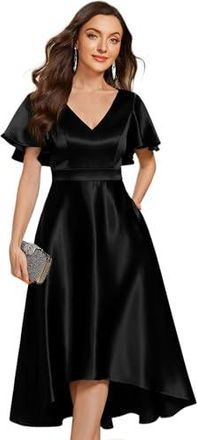 Ever-pretty Robe Midi Mariage Invitée Satin Poche Col V High Low Noir 42