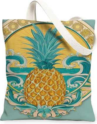 Generic Sacs fourre-tout vintage en toile dananas, imprim&eacute; tropical artistique, sacs d&eacute;picerie r&eacute;utilisables, sacs d&eacute;picerie l&eacute;gers, lavables, bleu sarcelle, 