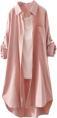 Generic Blouse Femme Chemise Ample à Manches Longues pour Femmes, Couleur Unie, en Coton et Lin, avec Poche, décontractée, Automne Veste Legere Femme (Pink, X