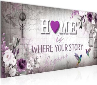 Runa Art Wandbild Home 1 Teilig 100 x 40 cm Modern Bild auf Vlies Leinwand Vintage Wohnzimmer Grau Lila 037612b