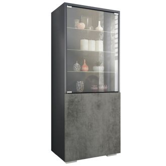 Vladon Vitrine Granada, Made in Germany, Vitrinenschrank mit Glast&uuml;r und Glaseinsatz, Anthrazit matt/Beton Dunkel Optik (50 x 122,5 x 34,5 cm)