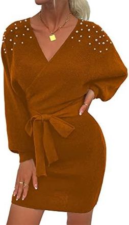 Onsoyours Femme Robe en Tricot &agrave; col en V Robe Pull &agrave; Perles El&eacute;gante Couleur Unie Sexy Robe Automne Hiver Tricot&eacute;e &agrave; Manches Long C Jaune M