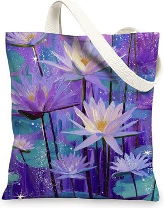 Generic Sacs fourre-tout en toile florale, élégant imprimé nénuphar, sacs dépicerie réutilisables, chic léger et lavable avec bandoulière en toile Ba, violet,