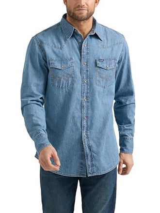 Wrangler Chemise à Boutons-Pression Collection Denim pour Homme (Bleu, Taille L, Coupe Droite, Manches Longues, 71,1 cm, 2 Poches, Style Occidental, Tissu Doux