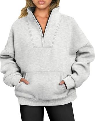 Generic Sweat-shirt surdimensionn&eacute; &agrave; demi-fermeture &eacute;clair pour femme - Pull en polaire &agrave; manches longues et &eacute;paules tombantes - Sweatshirt tendance d&eacute;contrac