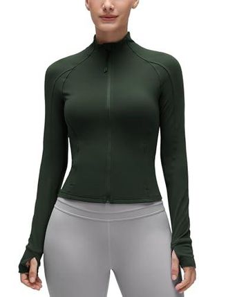 CRZ YOGA Butterluxe Femme Veste de Sport Courte Fermeture &Eacute;clair Int&eacute;grale Manches Longues avec Trous de Pouce L&eacute;gende Vert 36