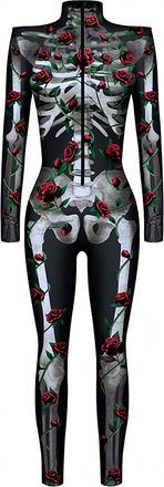 Ocean Plus Damen Halloween Skelett Digitaldruck Overall Schmal Geschnittene Lang&auml;rmlige Einteilige Strumpfhose Jumpsuit (XL, Rotes Rosenskelett)