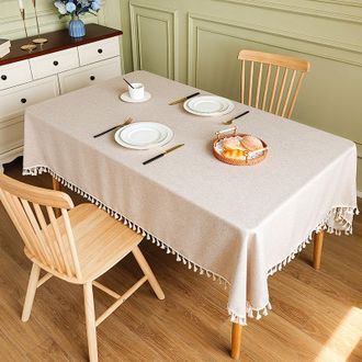 Generic wasserdichte Tischdecke Mit Quasten, Knitterfrei, Für Küche, Esszimmer, Baumwoll- Und Leinenstoffe, Für Tischdekoration Esszimmer Küche (Beige 100x100