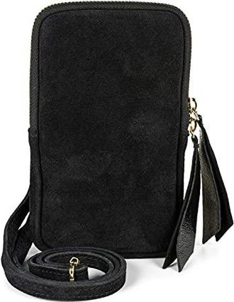 styleBREAKER Sac &agrave; bandouli&egrave;re en cuir pour portable, en daim souple, fermeture &eacute;clair, mini sac en cuir v&eacute;ritable 02012373, couleur:Noir