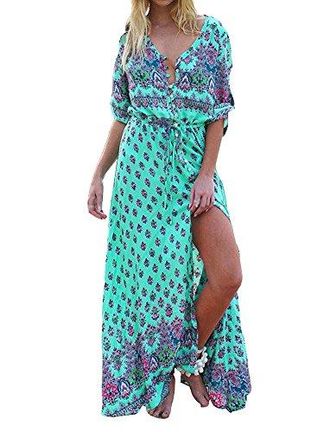 LaoZan Femme Robe DÉté Boho De Plage Cocktail Longue Maxi Imprimé Floral Col V À Manches Courtes Robe Vert M