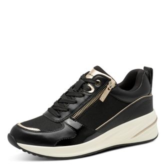Tamaris Keilsneaker TAMARIS, Damen, Gr. 36, schwarz, gold, Lederimitat, Textil, gl&auml;nzend, kontrastfarbene Details, unifarben mit Farbeinsatz, Schuhe, Schn&uuml;rsc