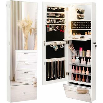 Costway Armoire &agrave; Bijoux Murale 120 cm, Lumi&egrave;res led, Miroir Sans Cadre Pleine Longueur, Miroir Int&eacute;gr&eacute;, &Eacute;tag&egrave;re de Maquillage Pliable, Tiroir de Rangement