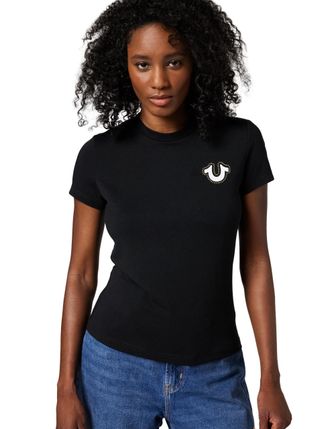 True Religion Damen Buddha Face Short Sleeve Crew Tee T-Shirt, Jet Black, S