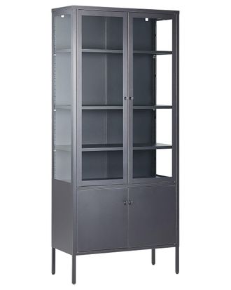 Beliani Hohe Vitrine Metall schwarz 5 Fächer 180 cm mit 2 Glastüren Industrie Stil Oxted