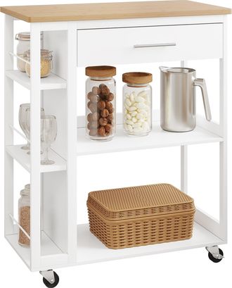 Woltu Küchenwagen mit Arbeitsplatte, Servierwagen mit Rollen, Rollwagen mit Schublade, Küchenrollwagen mit Bremsen, 73x88x38 cm, aus MDF, Weiß Helle Eiche