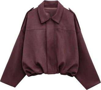 Generic Blouson aviateur &agrave; manches longues en faux daim pour femme - Style d&eacute;contract&eacute; - Surdimensionn&eacute; - V&ecirc;tement dext&eacute;rieur, rouge vin, XS