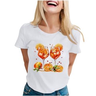 Generic T-shirt d&eacute;contract&eacute; pour femme avec col rond et imprim&eacute;, manches courtes, Blanc., XXL