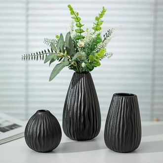 Nuptio Fleur Vase Noir Céramique: Boheme Decoratif Séchées Pampa Vases pour Maison Salon Bain Cuisine - 20cm+16cm+11cm Petit Centre de Table pour Moderne Dec