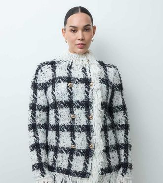 Asos Curve ASOS DESIGN Curve gilet &agrave; franges textur&eacute; &agrave; carreaux monochromes-Noir