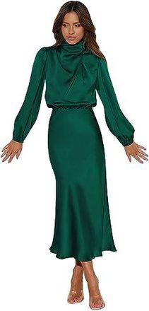 Generic Robe &eacute;l&eacute;gante en satin pour femme - Robe longue formelle &agrave; manches longues avec manches lanternes, ourlet en queue de poisson, taille haute, robe dinv