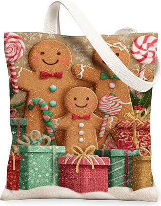 Generic Sacs fourre-tout en toile de pain d&eacute;pice de No&euml;l, motif biscuits de vacances, sacs &agrave; bandouli&egrave;re l&eacute;gers et lavables pour le shopping, les voyages, Bru