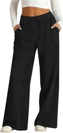 Generic Jean large de couleur unie pour femme - Taille haute &eacute;lastique - Pantalon d&eacute;contract&eacute; en jean ample avec poches pour les trajets quotidiens, Noir, XXL