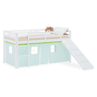 Homestyle4u Hochbett mit Rutsche 90x200 cm Wei&szlig;, Kinderbett aus Holz Kiefer, mit Vorhang Gr&uuml;n, Artikel 2968