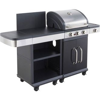 COOK IN GARDEN CookIn Garden - Barbecue &agrave; gaz 3 br&ucirc;leurs inox 11,5 kW - Desserte avec roues multidirectionnelles - Capacit&eacute; jusqu&agrave; 10 convives - Dimensions L 182