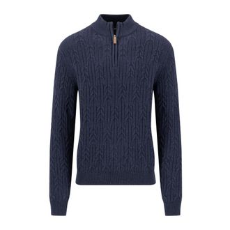 Fynch-Hatton Zopfstrickpullover aus Wollmix mit Troyerkragen - - Knitwear - Damen - Blau - L