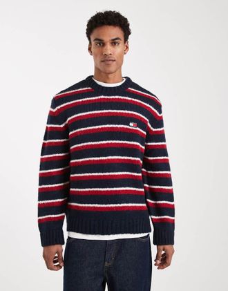 Tommy Jeans Angerauter Pullover in Schwarz und Rot gestreift