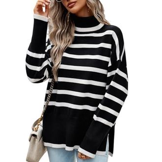 Generic Pull pour femme pour lautomne et lhiver, tricot c&ocirc;tel&eacute; ray&eacute; &agrave; col roul&eacute; pour femme, Noir, XL